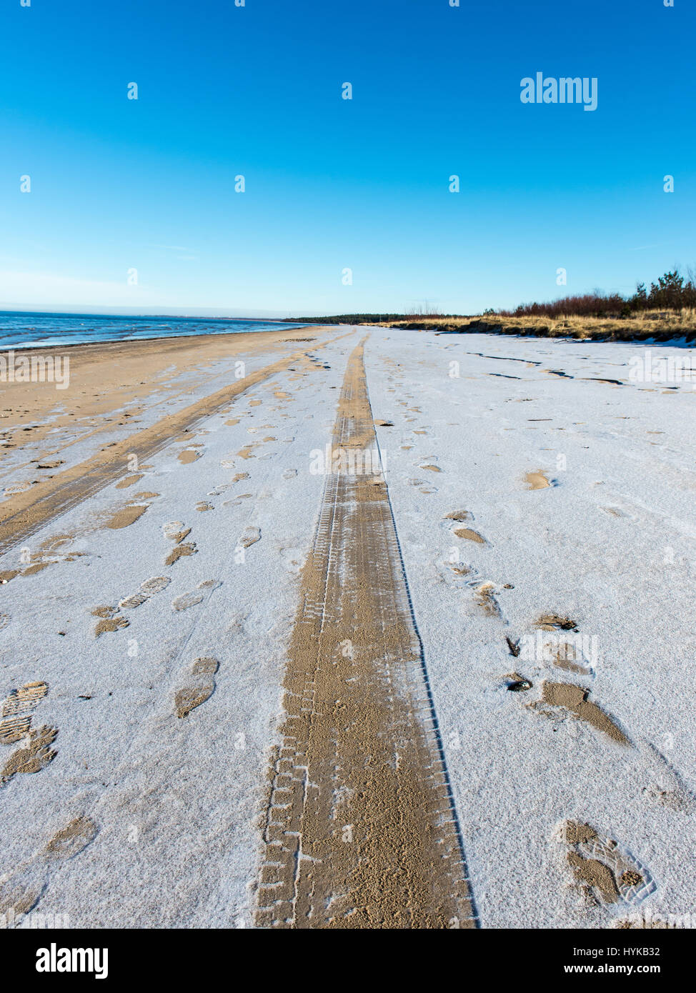 frozen sea beach with blue sky and snow covered tracks Stock Photo - Alamy