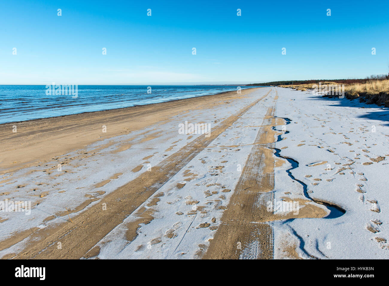 frozen sea beach with blue sky and snow covered tracks Stock Photo - Alamy