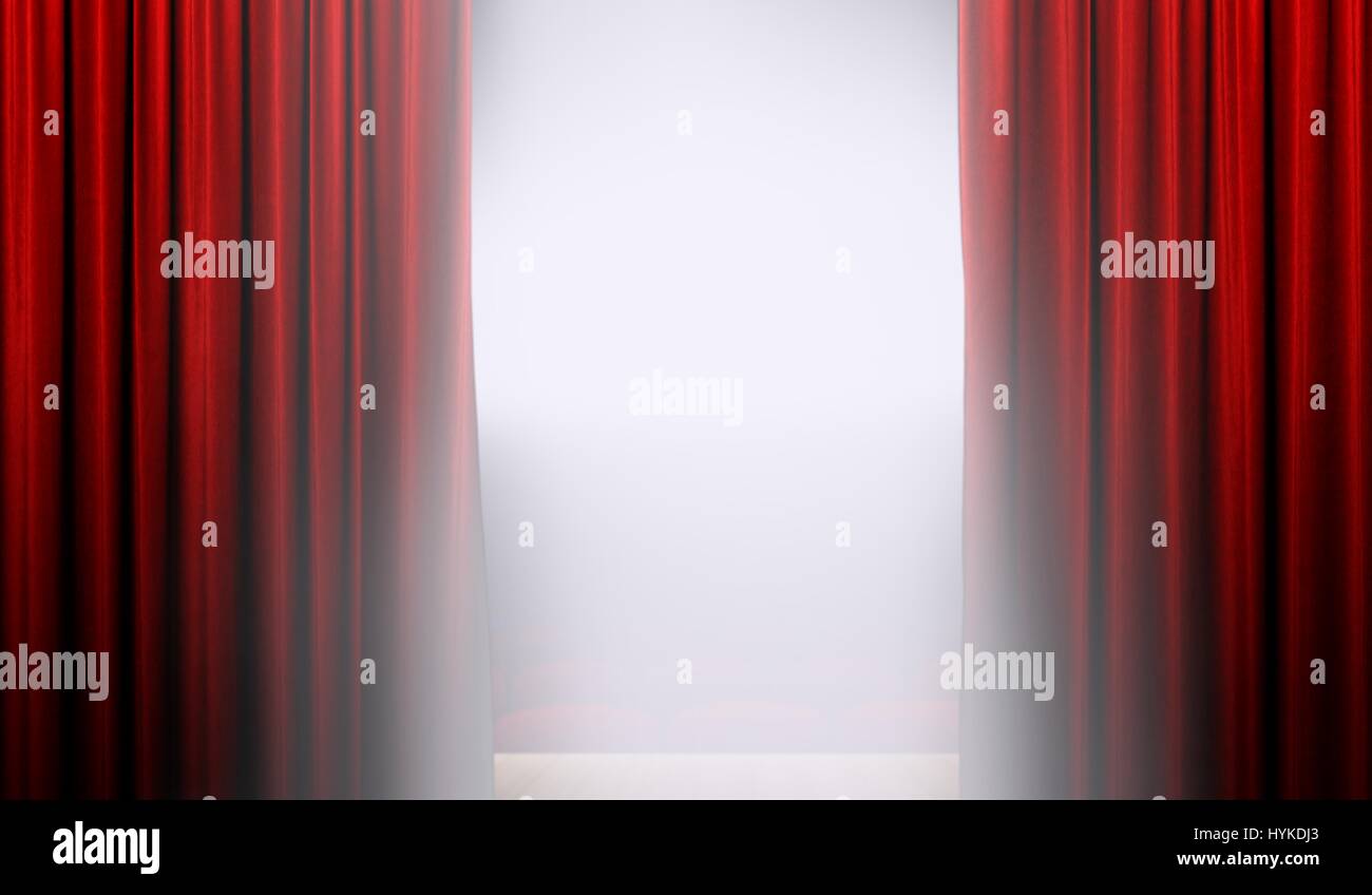 Open red curtain on stage with bright spotlight Stock Photo - Alamy
