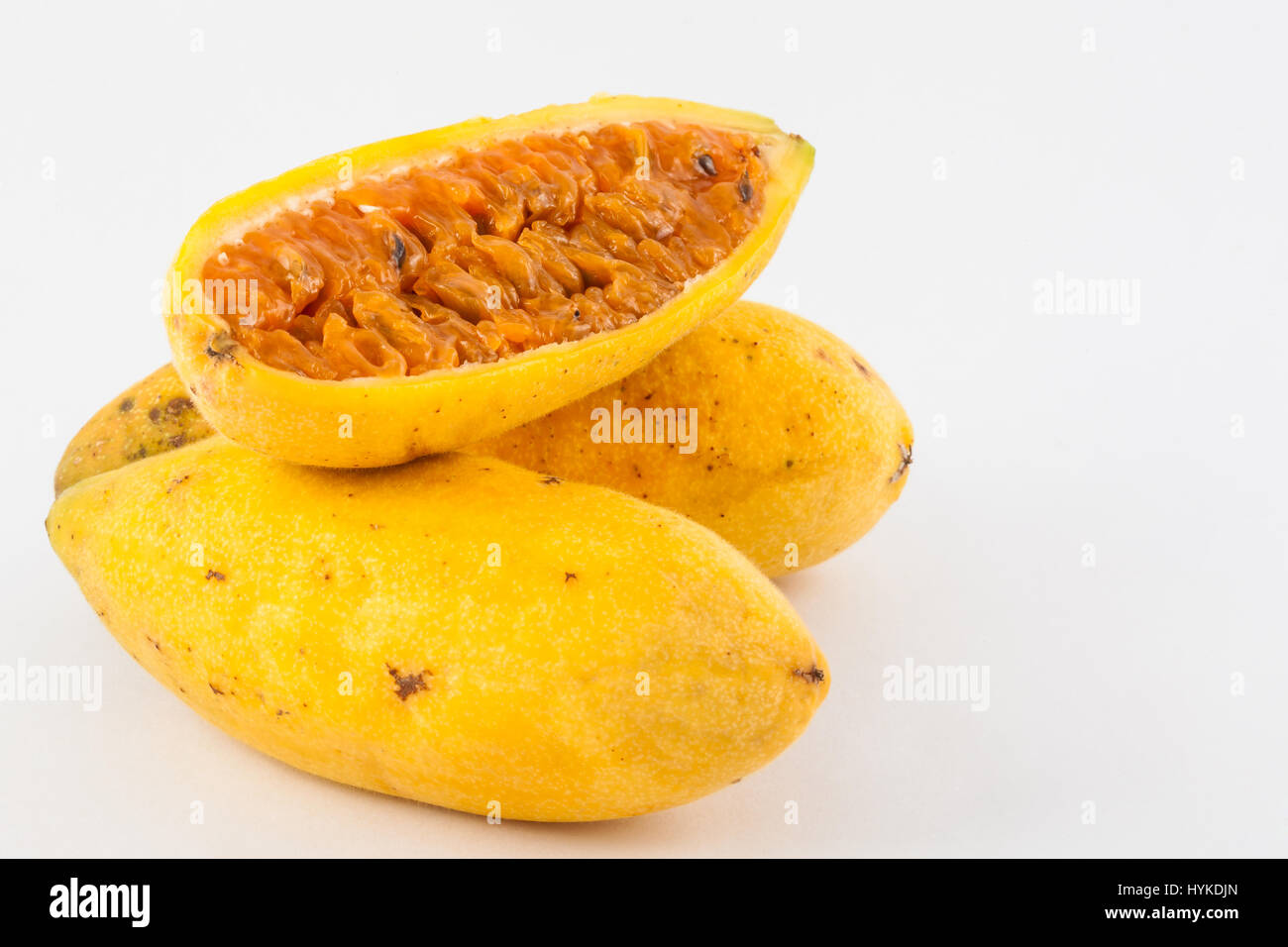 Exotic tropical fruit called curuba (Passiflora tripartita) on white ...