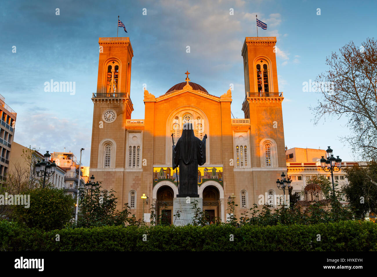 Statue in front of the Metropolitan cathedral of Athens, Greece Stock ...
