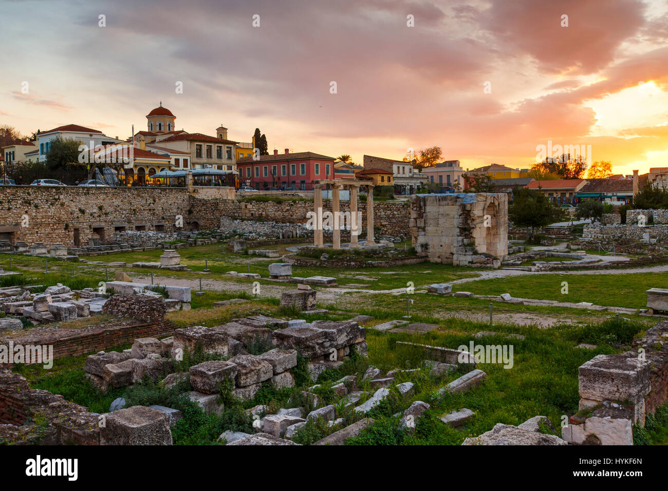 Remains of Hadrian's Library in the old town of Athens, Greece Stock ...