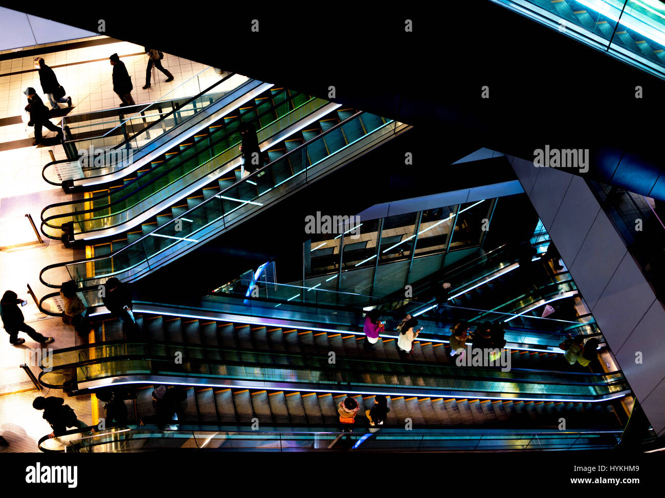 Escalators in a shopping mall in Toyko. Japan is world famous for its ...