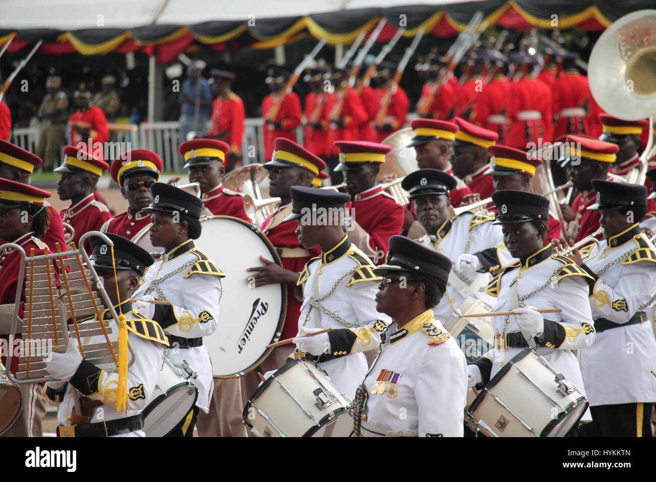 KAMPALA, UGANDA: Members of the armed forces band during a march ...
