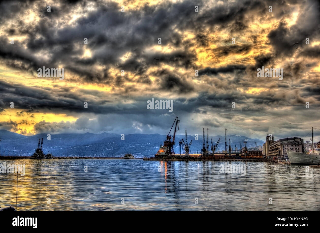 Evening view of Rijeka port in Croatia Stock Photo - Alamy