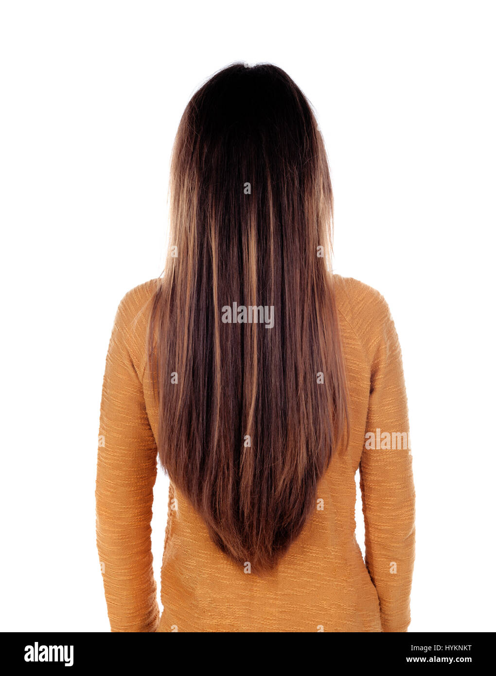 Teenager girl back with long hair isolated on a white background Stock ...