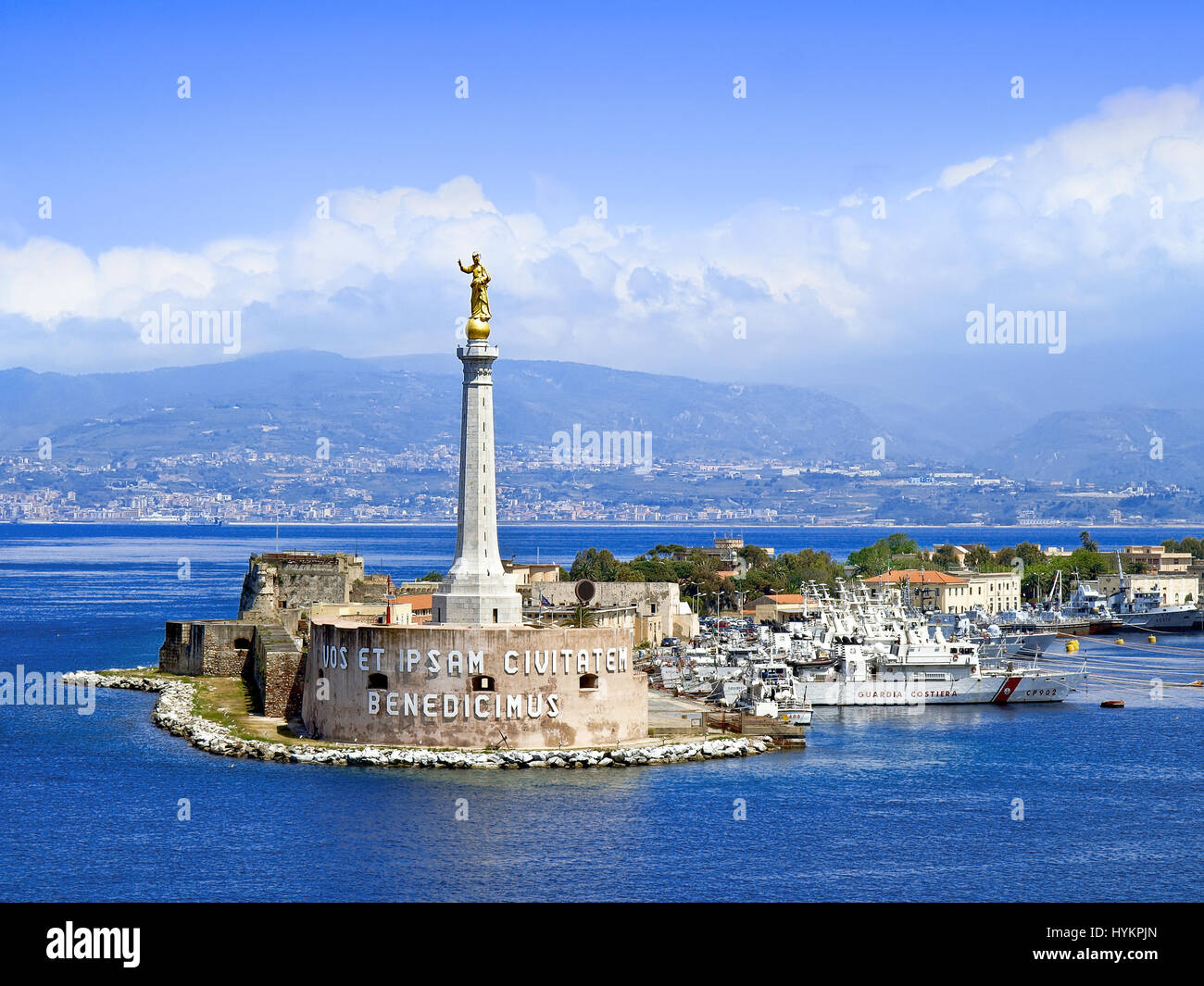 View of the Messina's port with the gold Madonna della Lettera statue ...