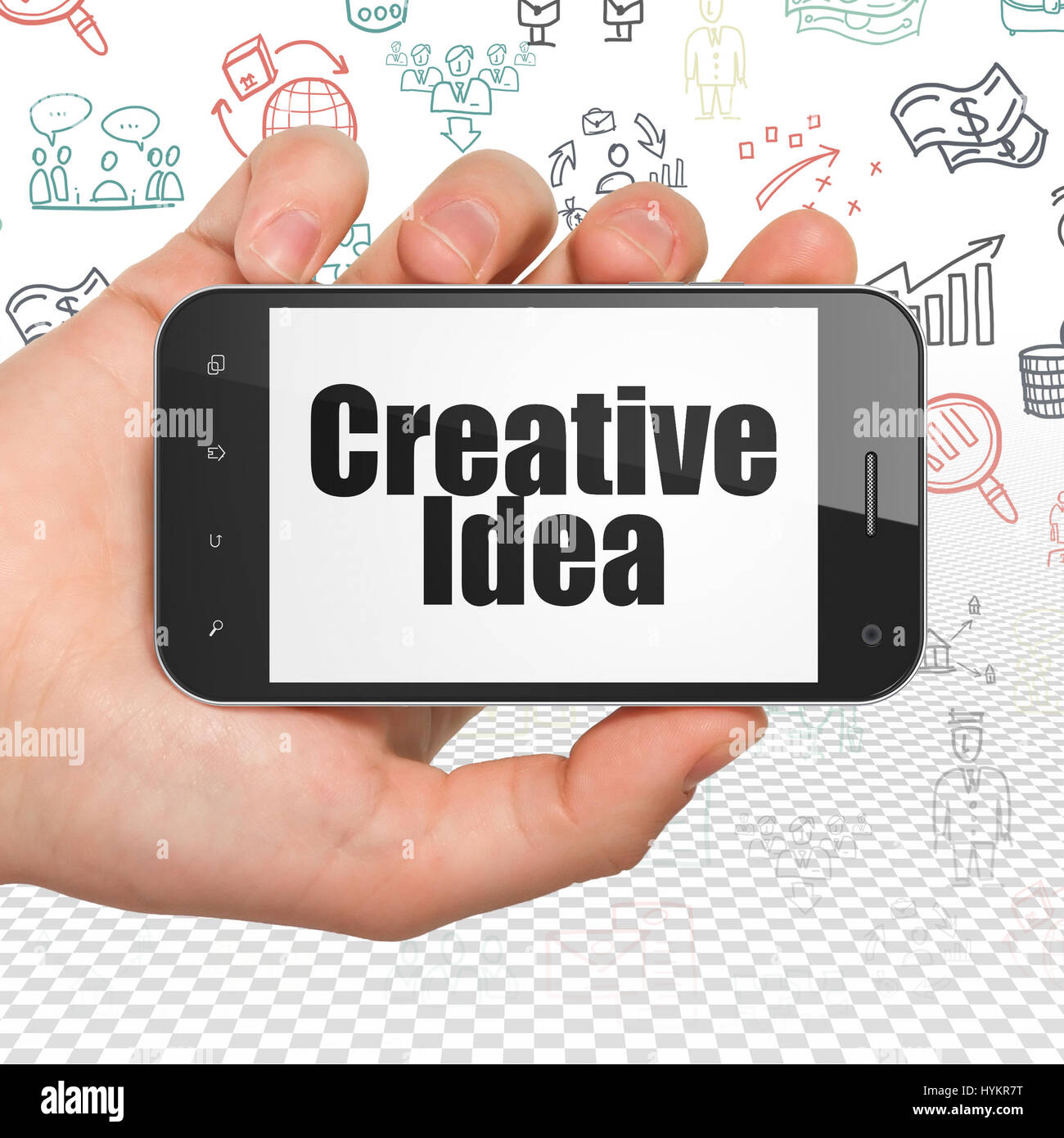 Finance concept: Hand Holding Smartphone with Creative Idea on display ...