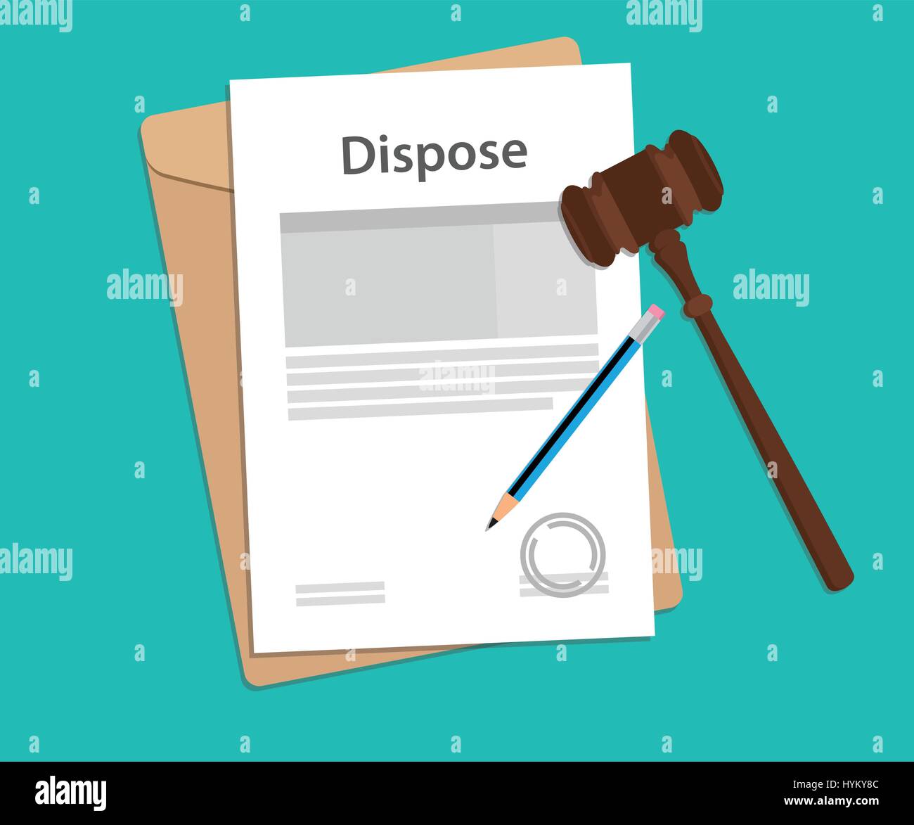 Dispose text on stamped paperwork illustration with judge hammer and ...