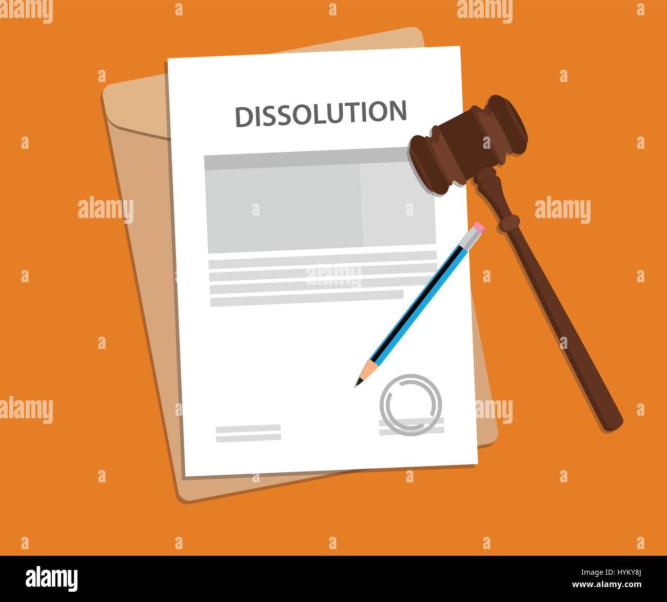 Dissolution text on stamped paperwork illustration with judge hammer ...