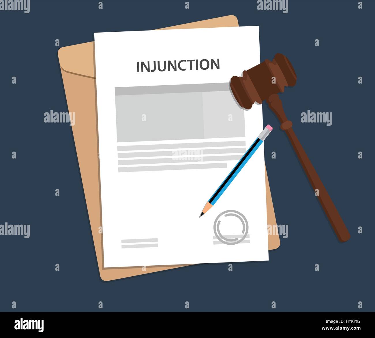 Injuction text on stamped paperwork illustration with judge hammer and ...