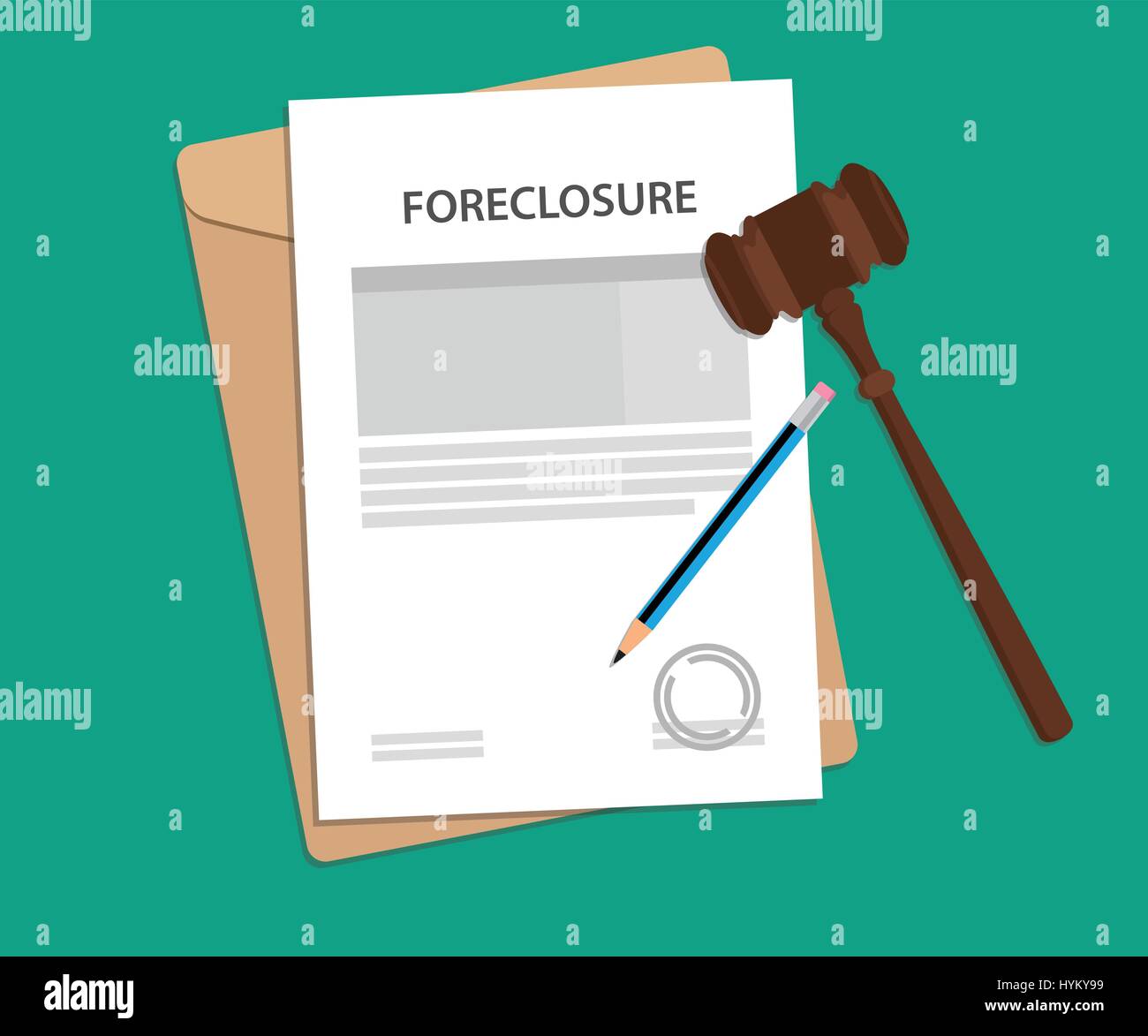 Foreclosure text on stamped paperwork illustration with judge hammer ...