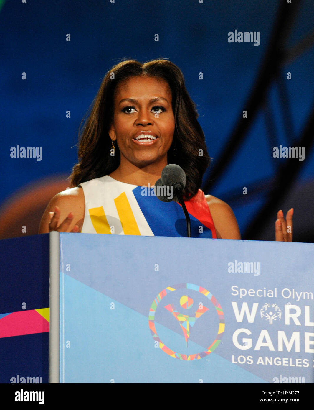 First Lady Michelle Obama at the podium talking to the crowd at the ...