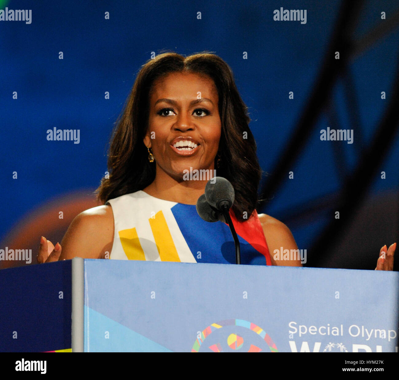 First Lady Michelle Obama at the podium talking to the crowd at the ...