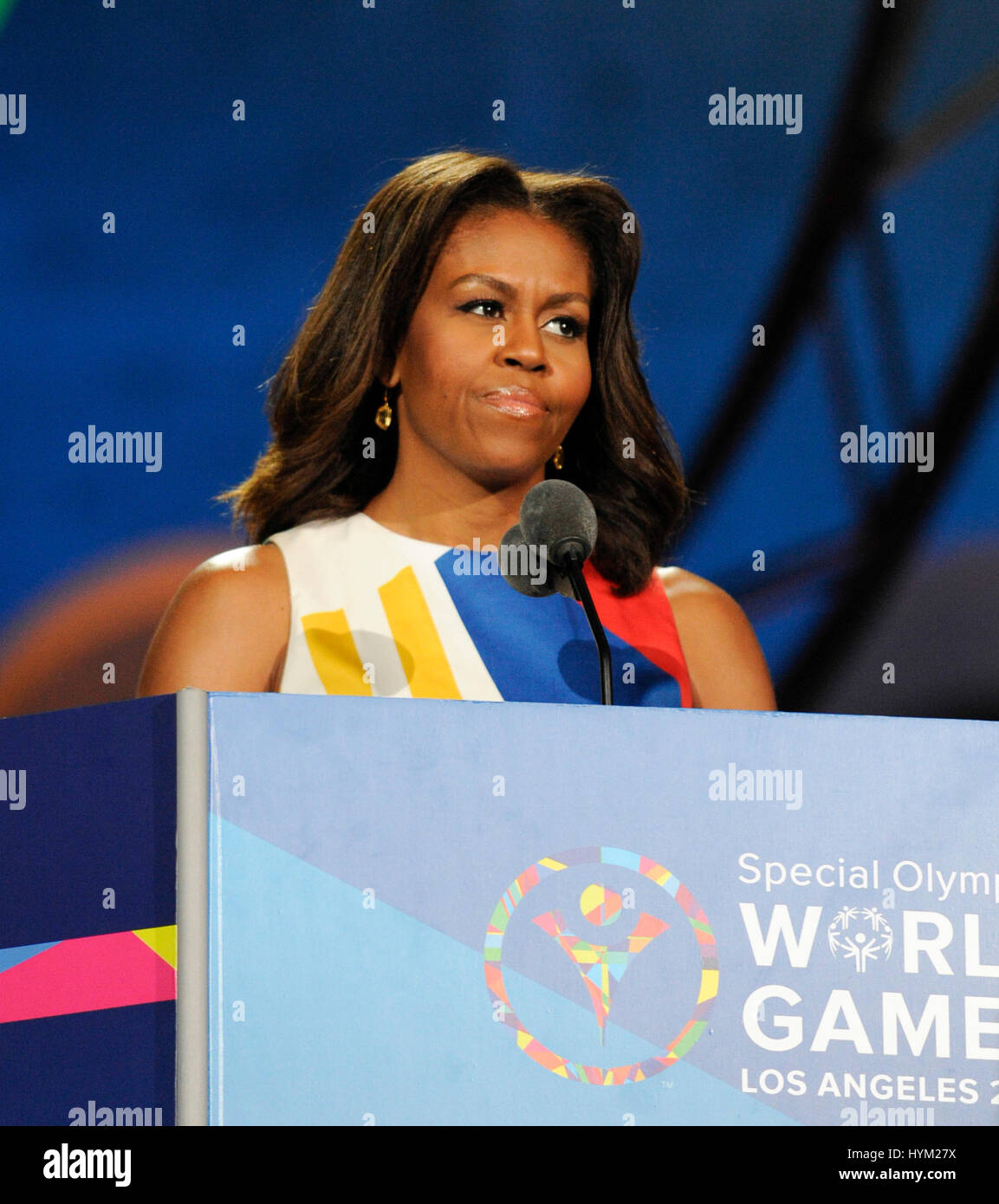 First Lady Michelle Obama at the podium talking to the crowd at the ...