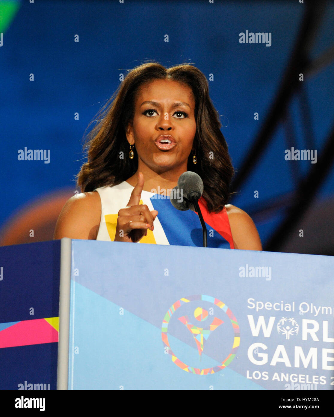 First Lady Michelle Obama at the podium talking to the crowd at the ...