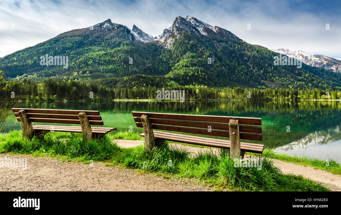 Two wooden bench at Hintersee lake in the Alps, Europe Stock Photo - Alamy