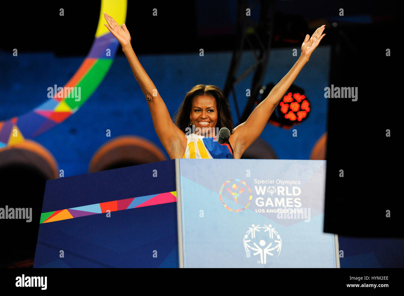 First Lady Michelle Obama at the podium talking to the crowd at the ...