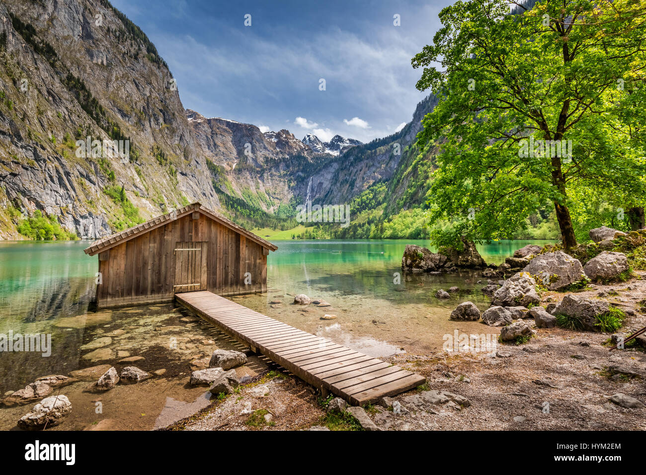 Small wooden cabin at Obersee lake in German Alps, Europe Stock Photo ...