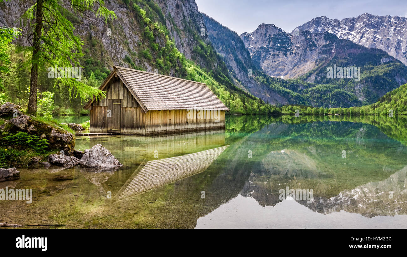 Obersee lake and small wooden cottage, Alps, Germany, Europe Stock ...