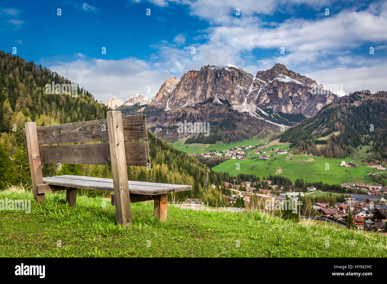 Small wooden bench in Dolomites, Alps, Italy, Europe Stock Photo - Alamy