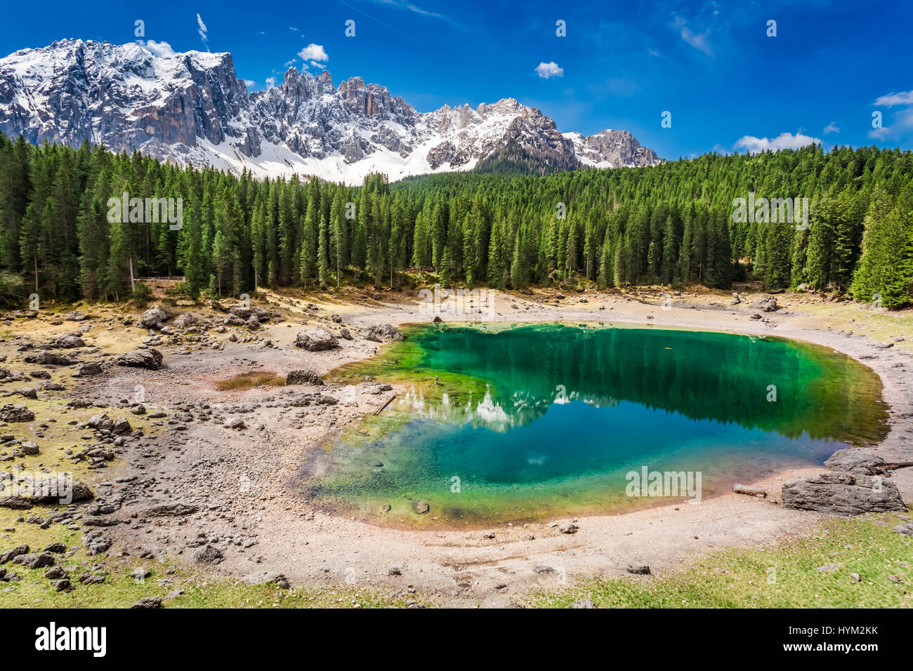Beautiful mountain Carezza lake in spring, Alps, Italy, Europe Stock ...
