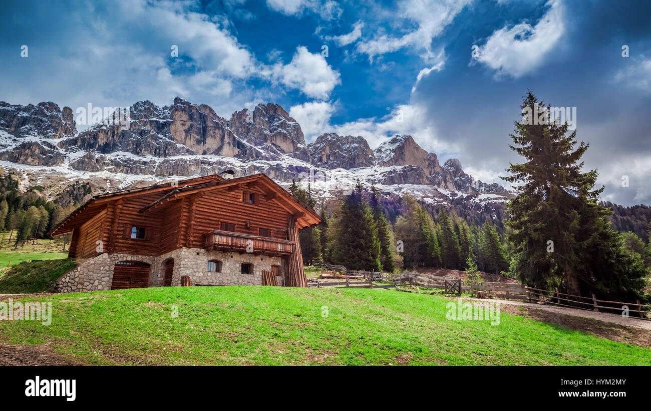 Beautiful view of the cottage in the Dolomites, Italy, Europe Stock ...