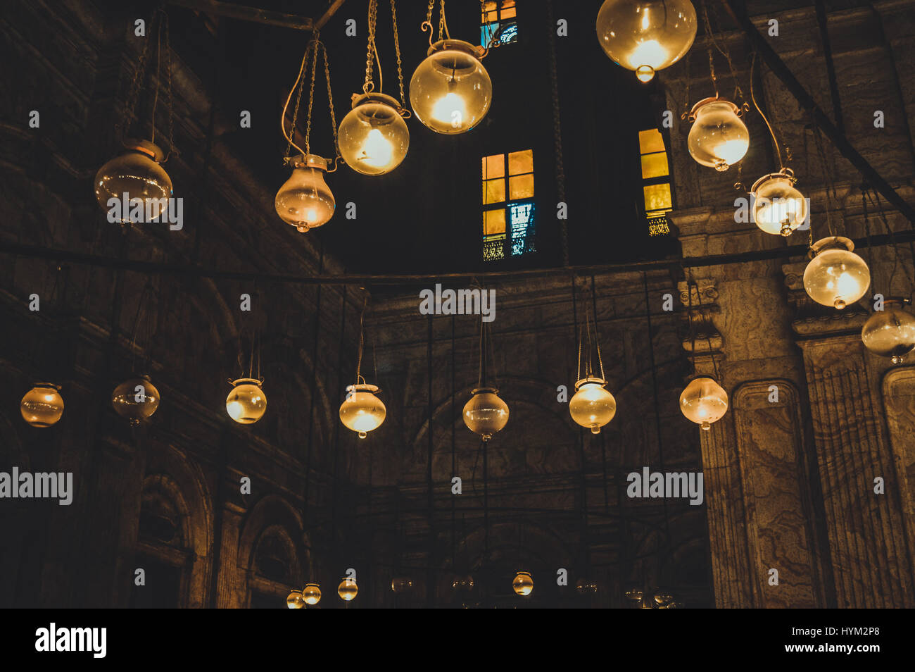 cairo, egypt, february 25,2017: view of lamps inside old mosque at ...