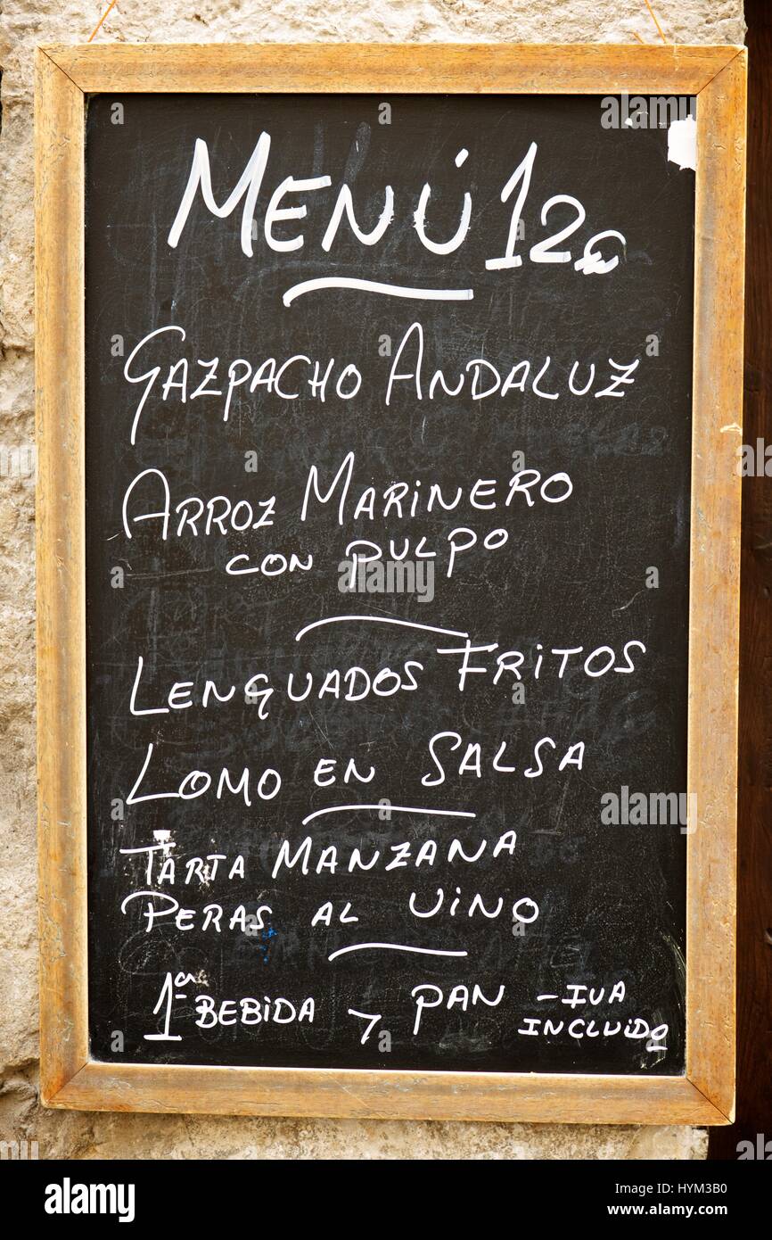 closeup of a typical spanish menu in Cuenca, Castilla La Mancha, Spain ...