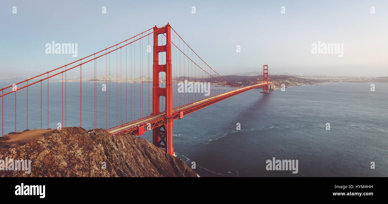 Classic panoramic view of famous Golden Gate Bridge seen from Battery ...