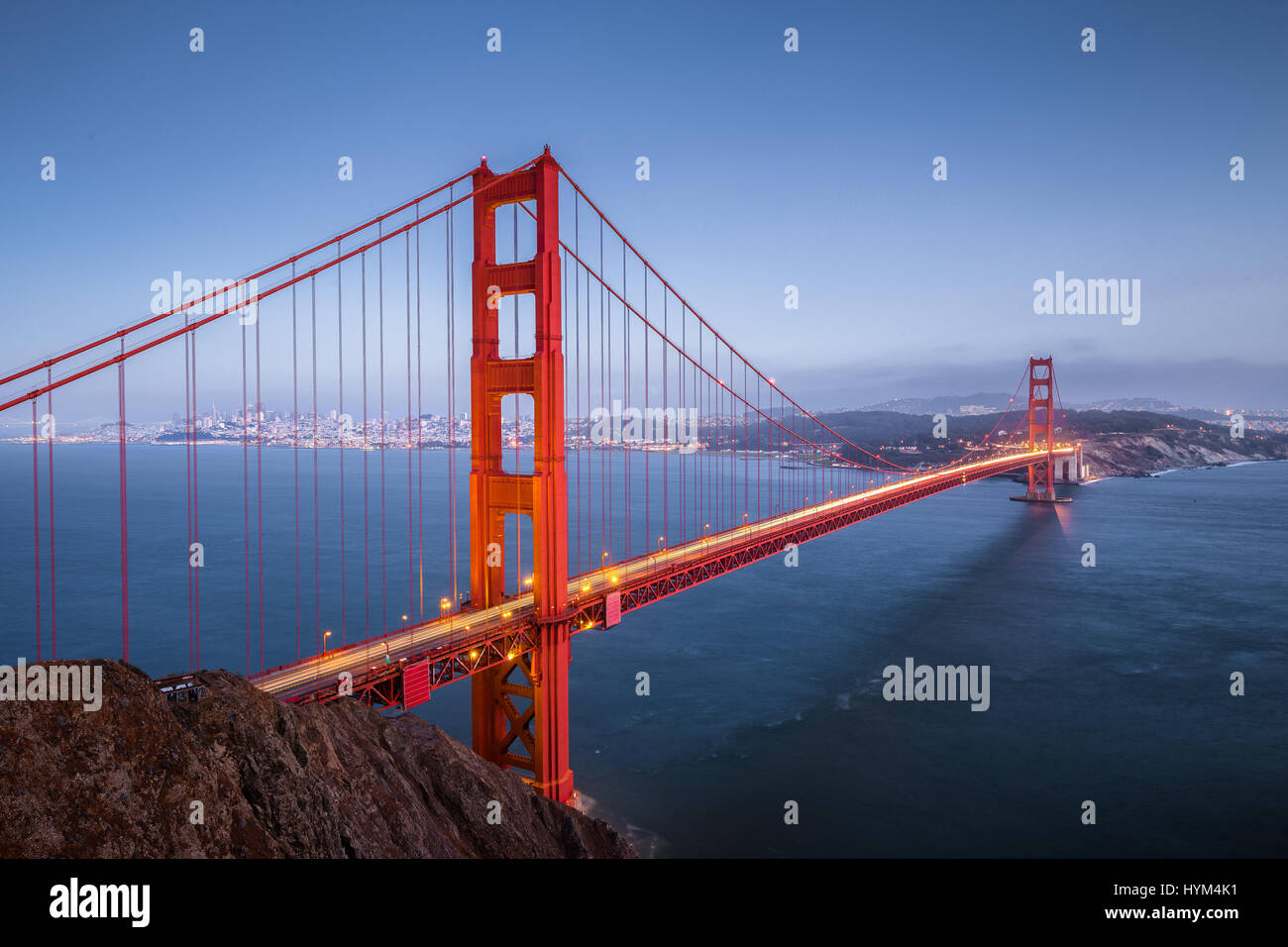 Classic panoramic view of famous Golden Gate Bridge seen from Battery ...