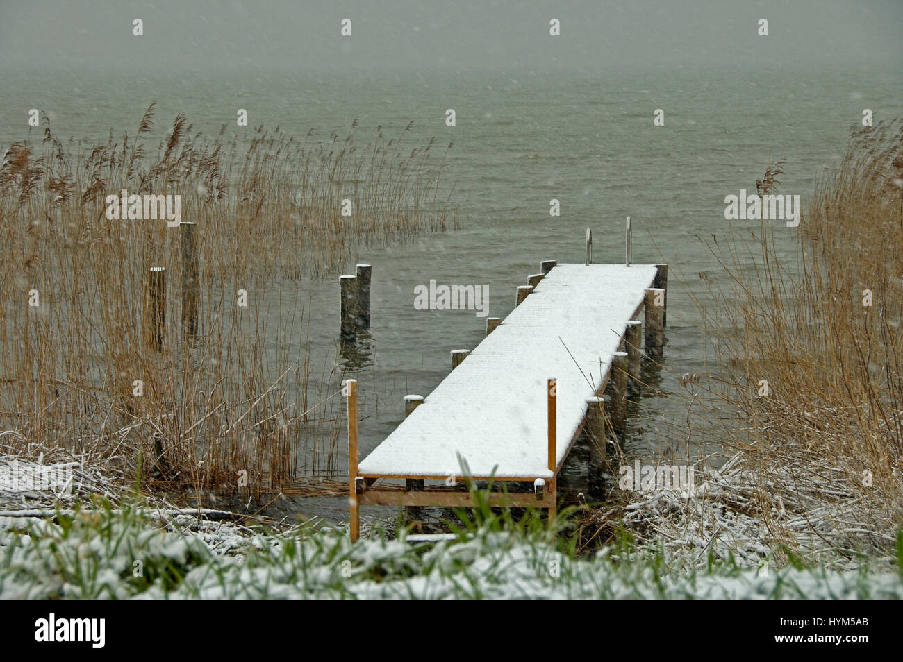 A snowy dock in the traditional dutch village Marken, the Netherlands ...