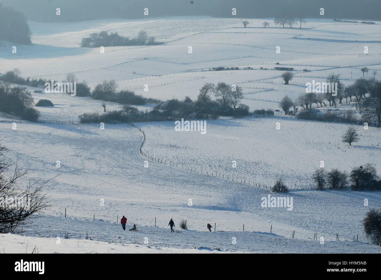 Real people having fun in a snowy landscape Stock Photo - Alamy