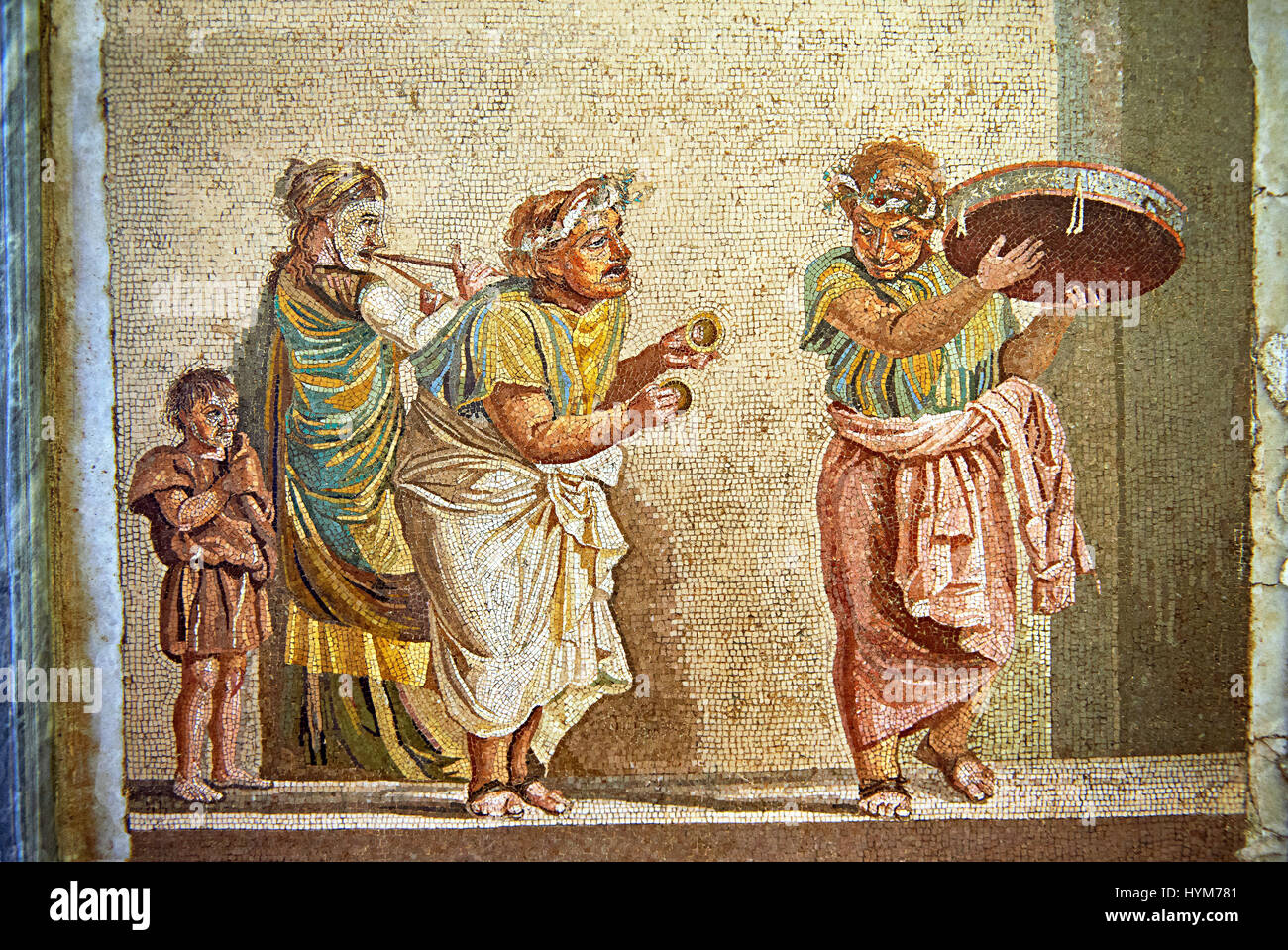 Roman mosaic of a Comedy scene with musical hawkers by Dioscurides of ...