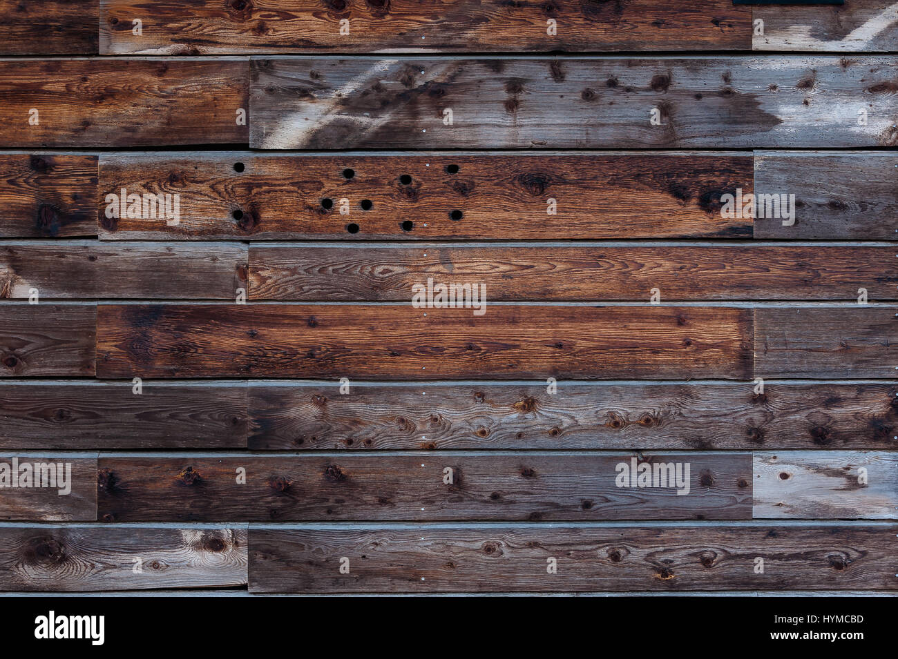 Close-up of horizontal planks forming wall of wood building with ...