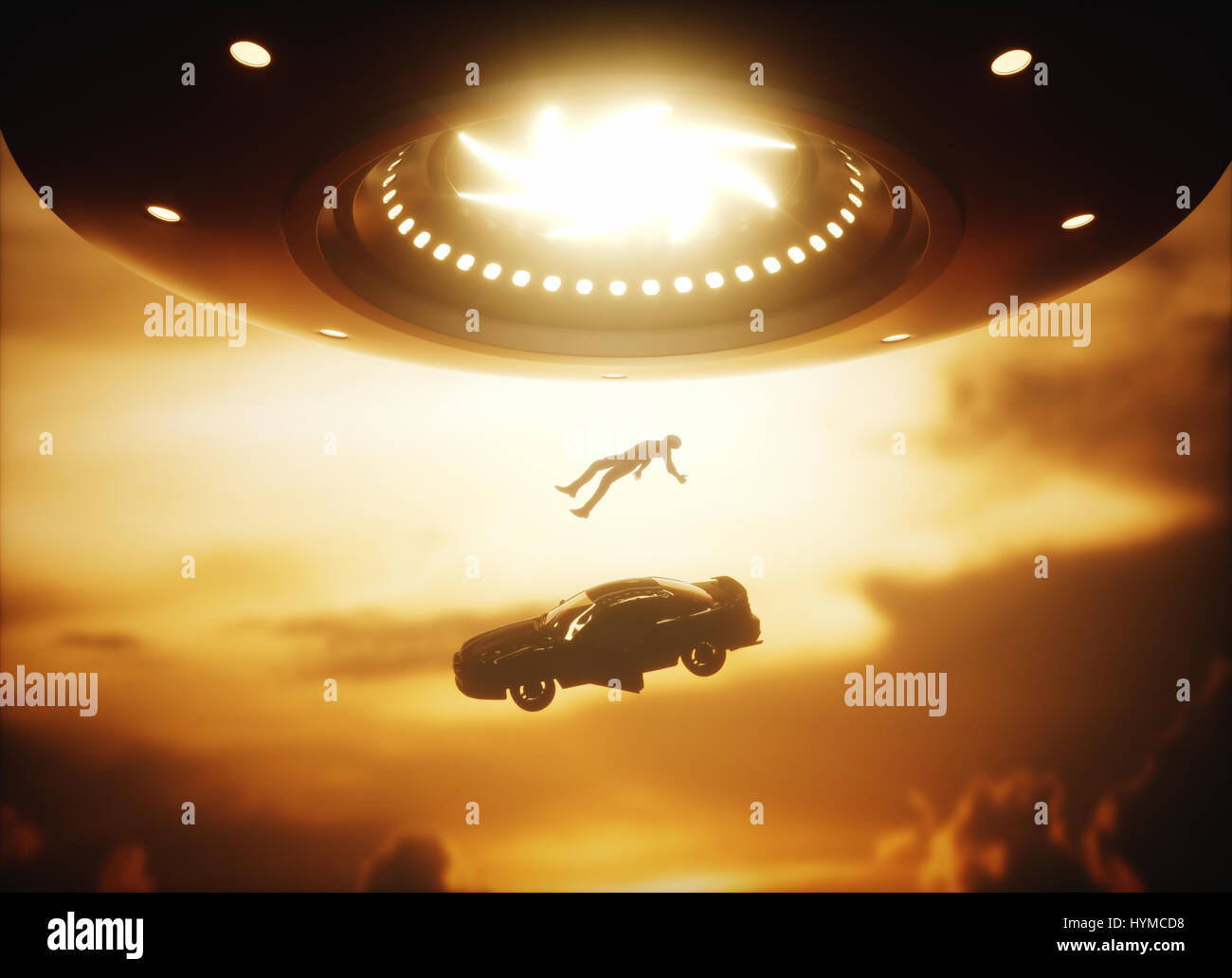 3D illustration. Man and his car floating to inside of alien ship ...