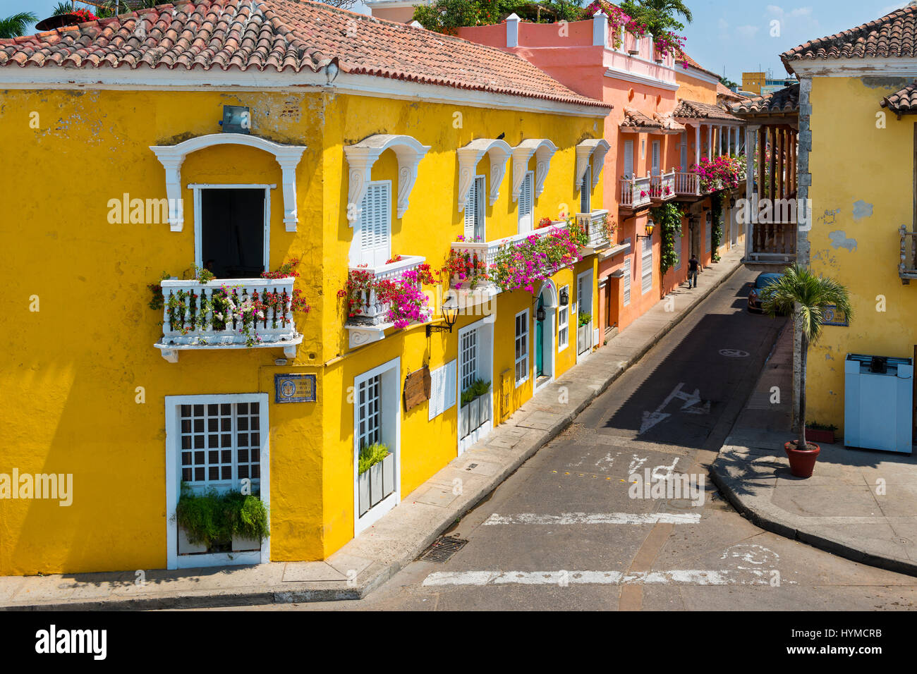 Colorful buildings in a street of the old city of Cartagena (Cartagena ...