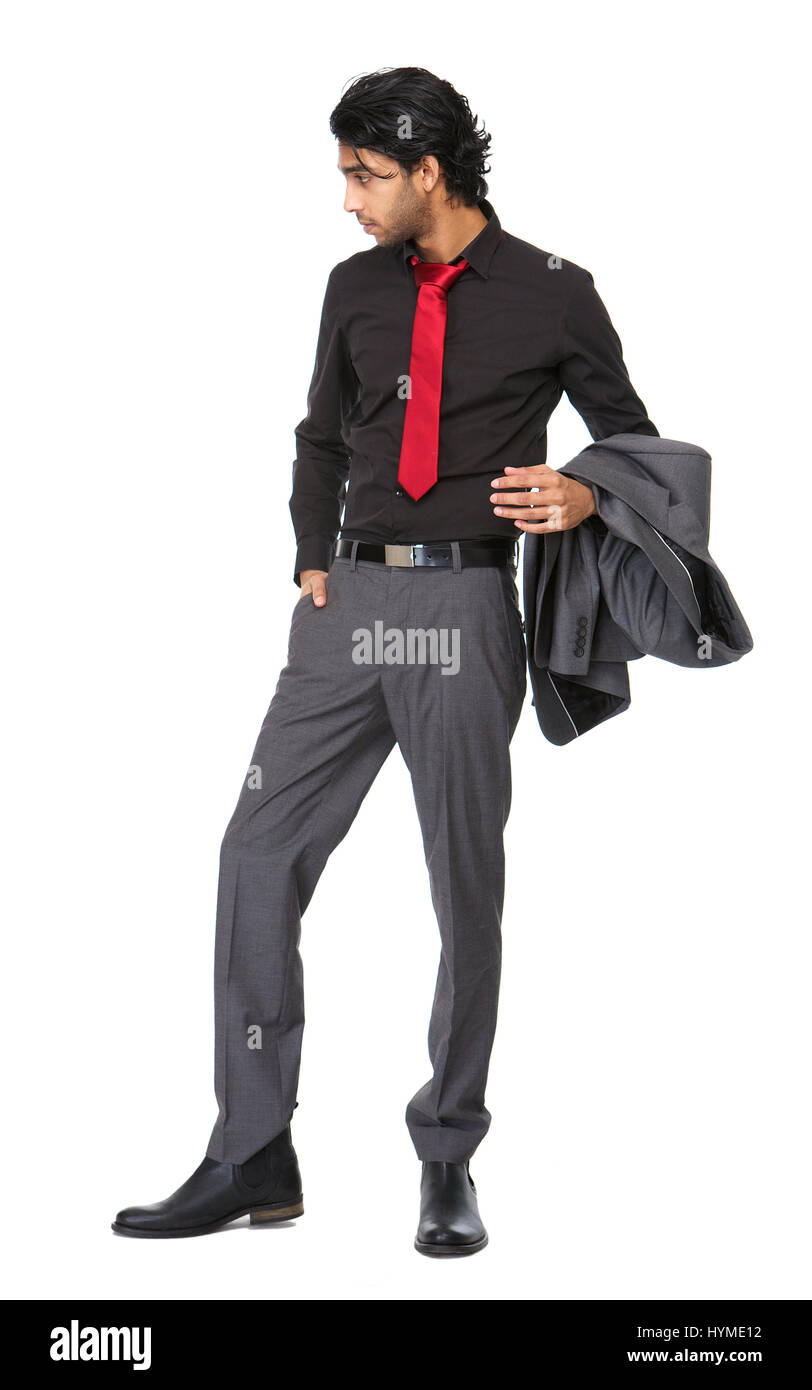 Full length portrait go a young business man standing on isolated white ...