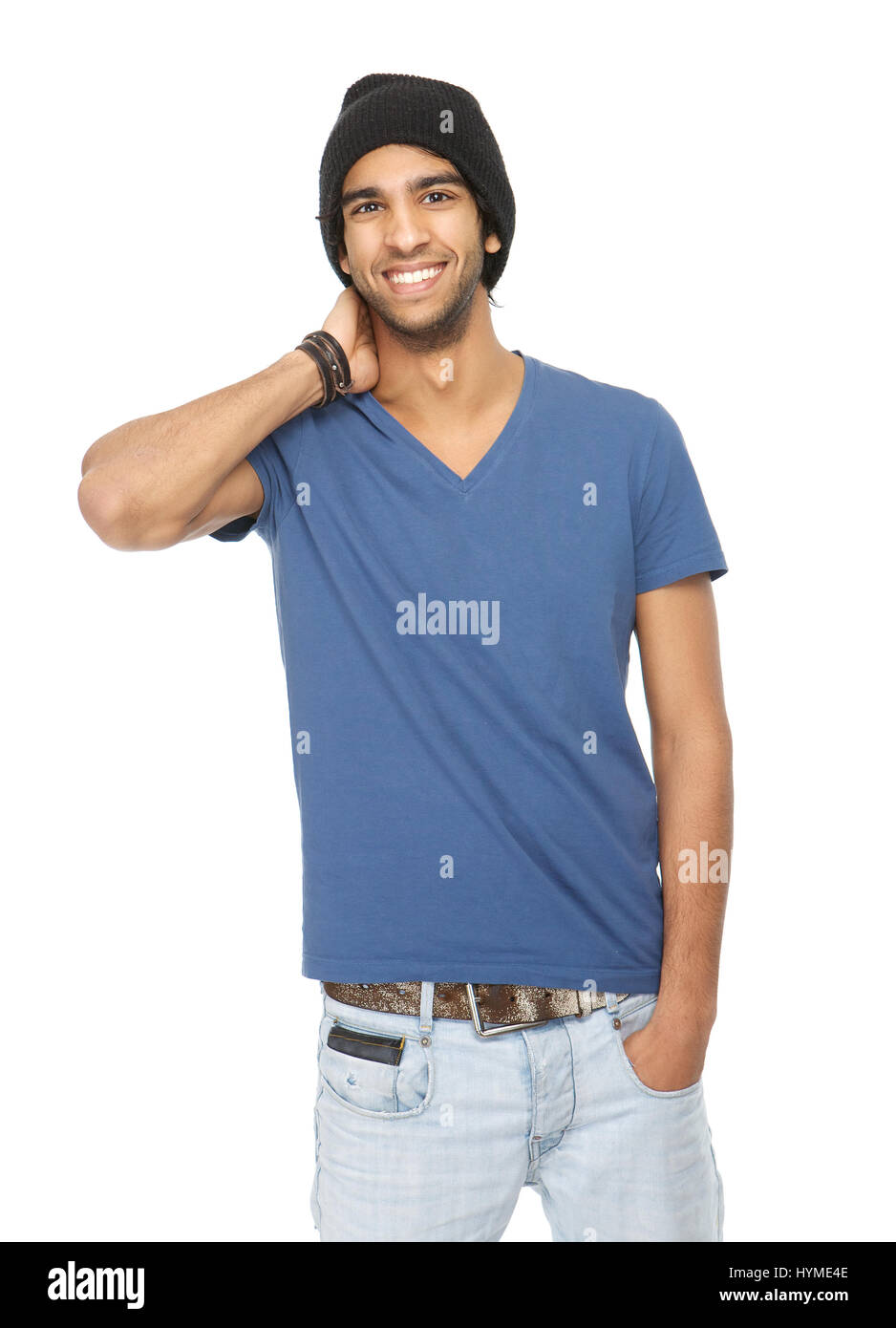 Close up portrait of a happy man with black hat smiling against ...