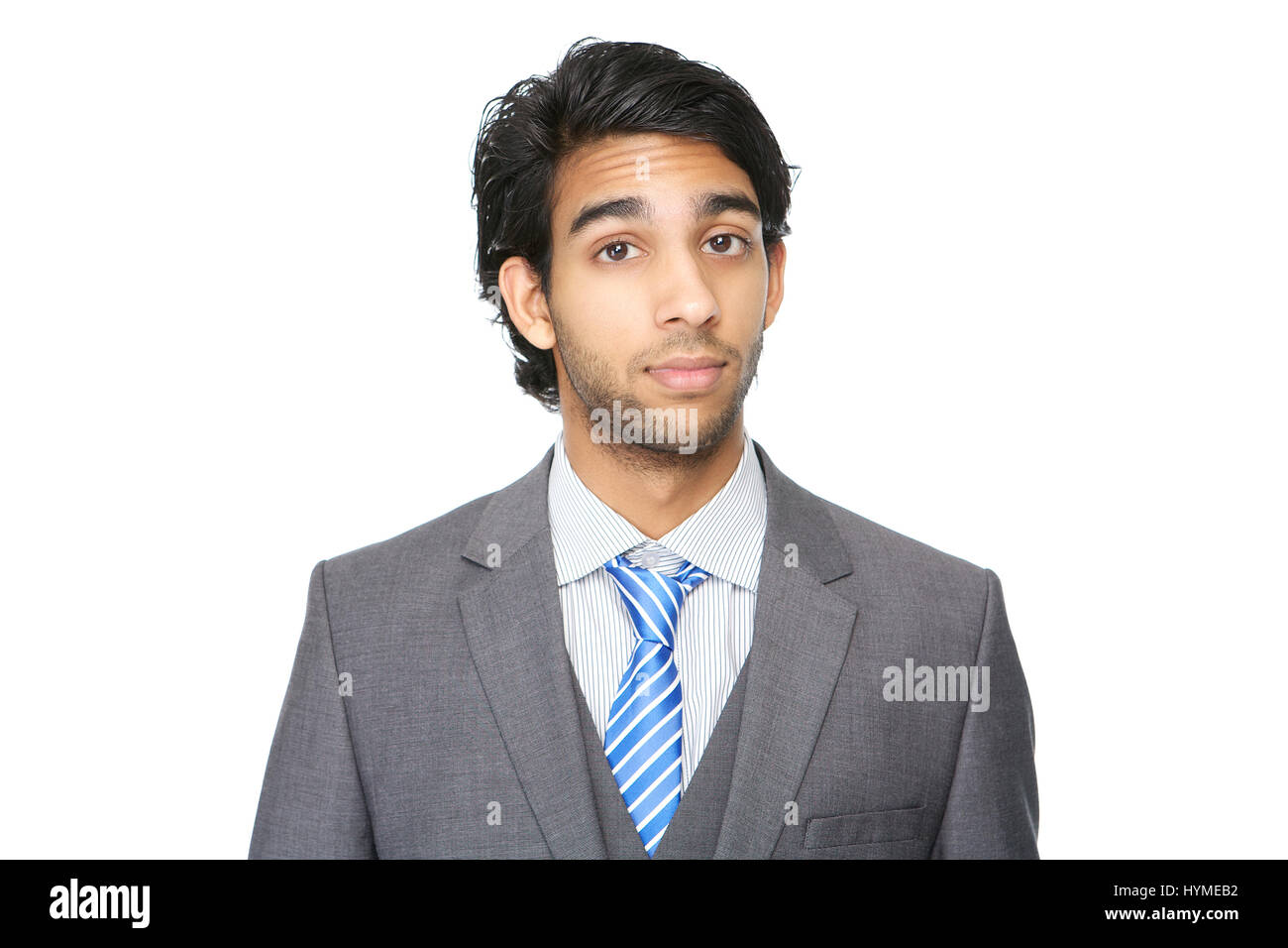 Horizontal close up portrait of a young business man isolated on white ...