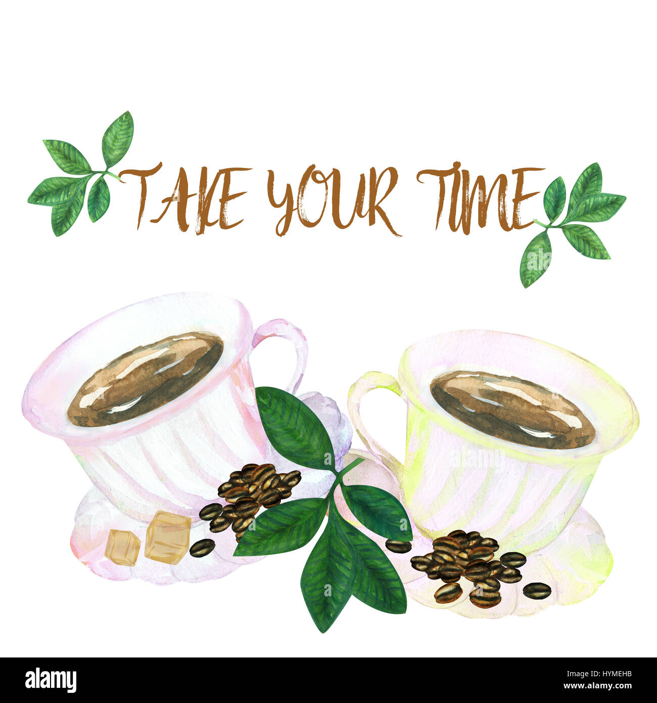 two cups of hot coffee with take your time sign Stock Photo - Alamy