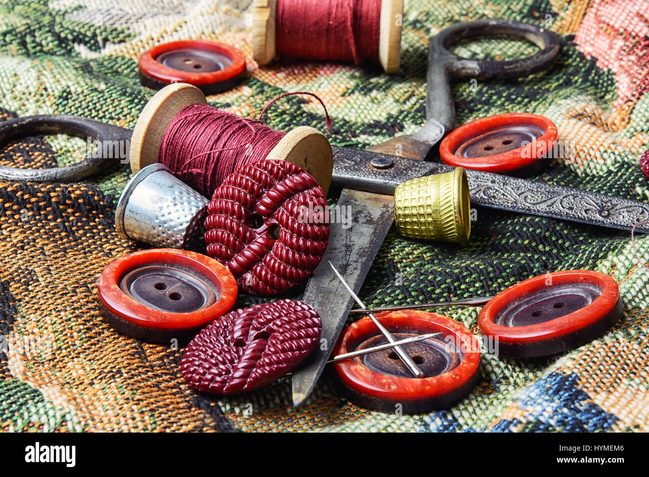 Composition with tailor scissors,sewing threads and buttons from ...