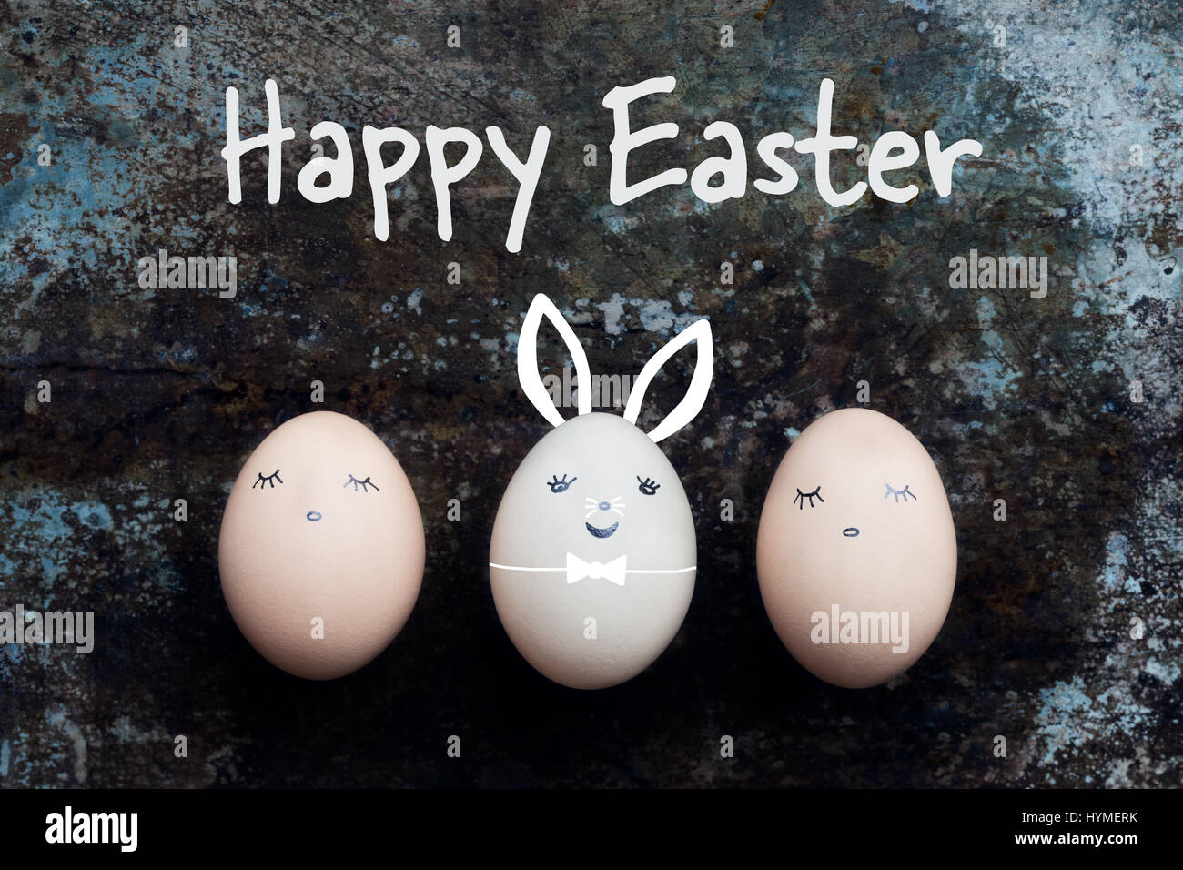 Three cute easter eggs with faces, happy easter bunny retro background ...