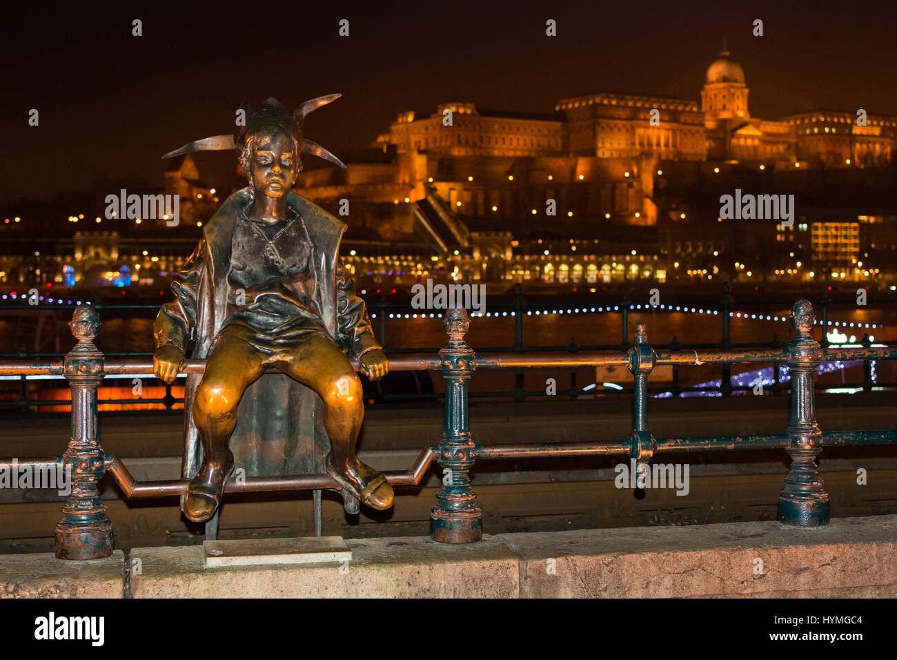 Little Princess Statue in Budapest at night with Castle in background ...