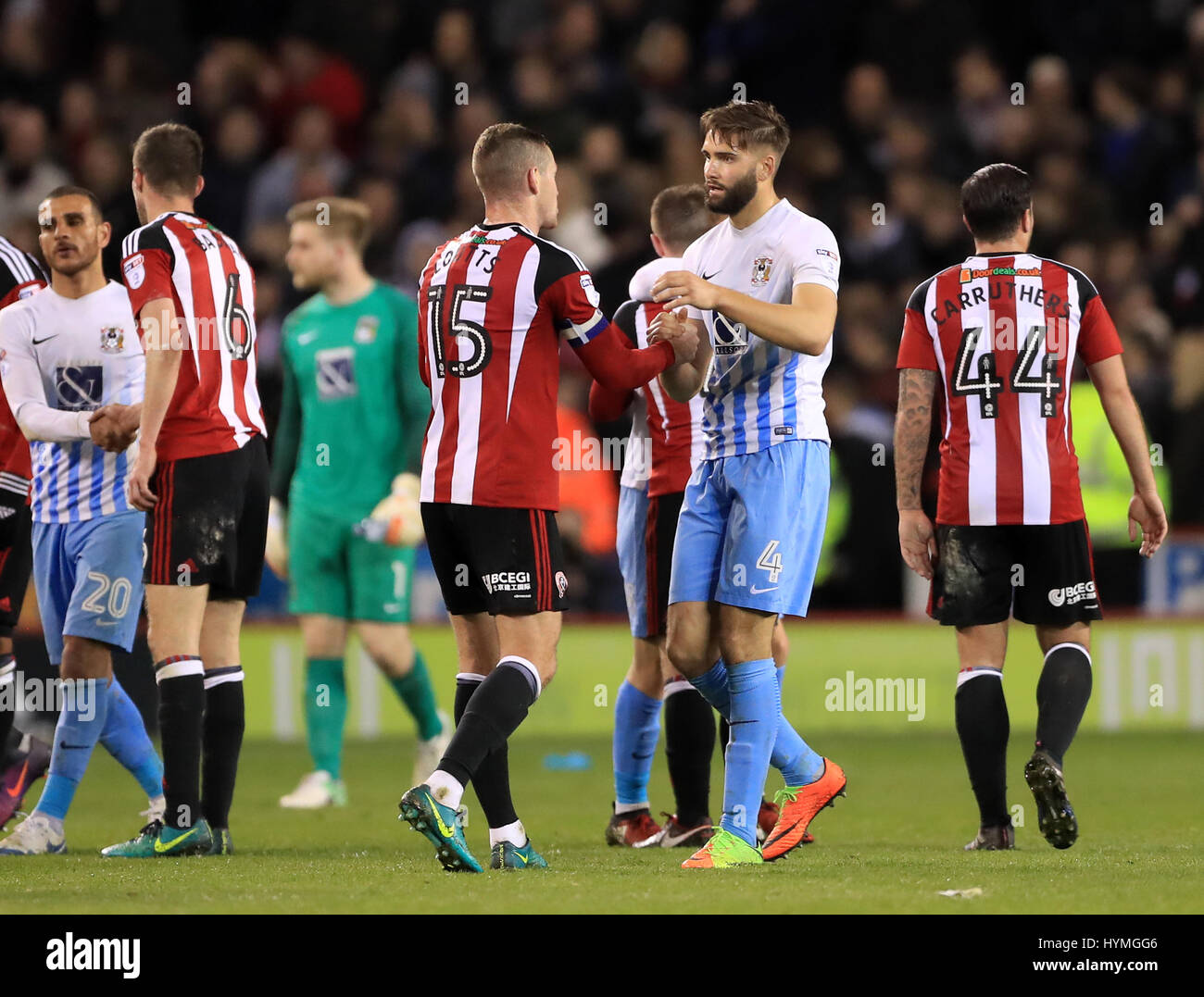 Coventry City's Jordan Turnbull (right) greets Sheffield United's Paul ...