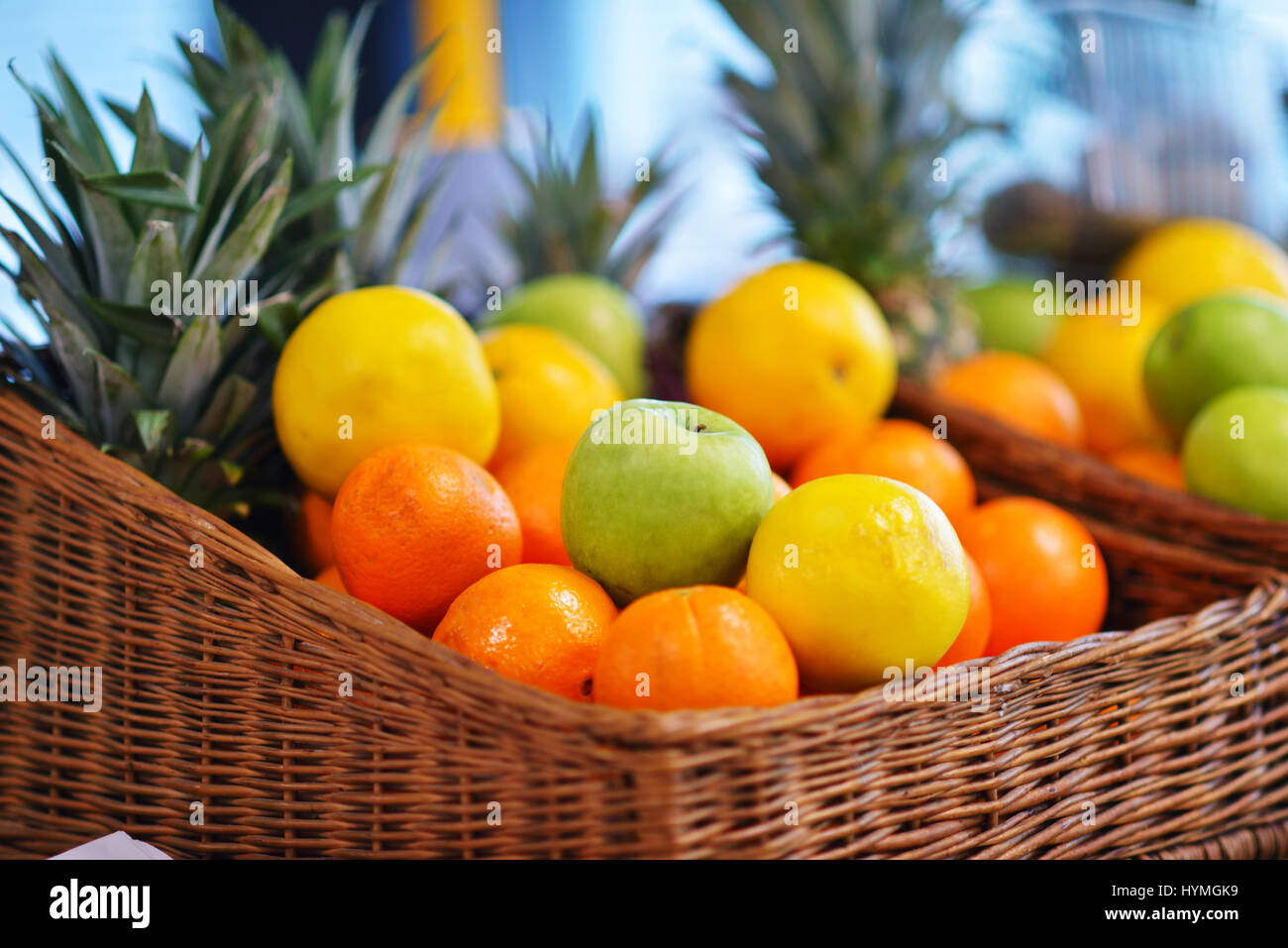 Fresh Tropical fruit basket in supermarket Stock Photo - Alamy