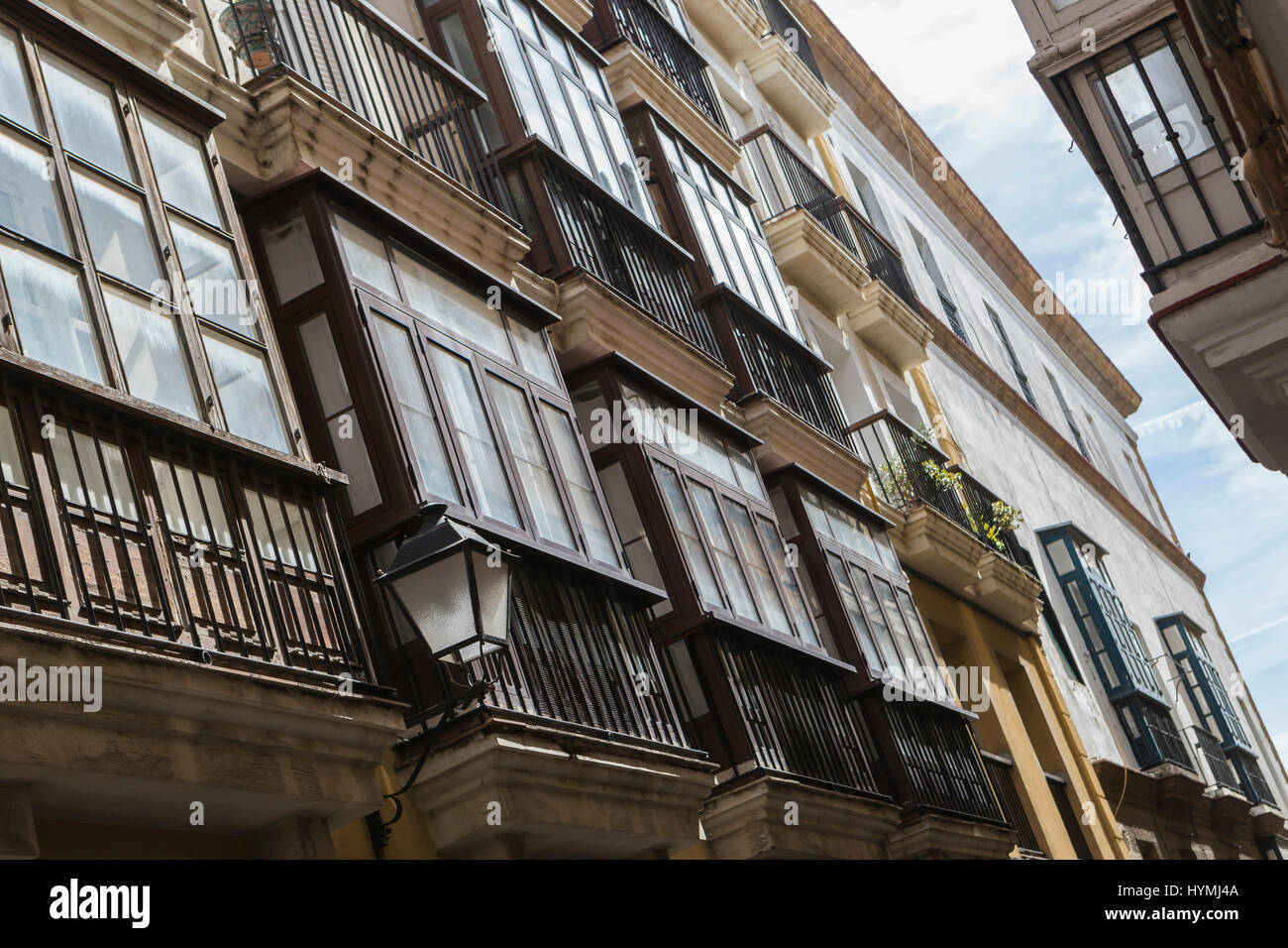Cadiz Spain- March 31: Detail of balconies and large windows on the ...