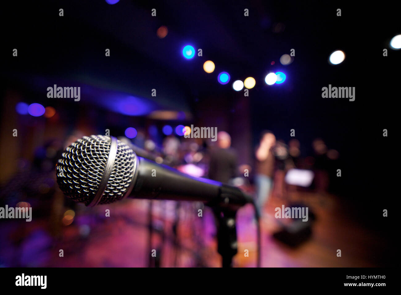 Close up microphone on music stage - horizontal Stock Photo - Alamy