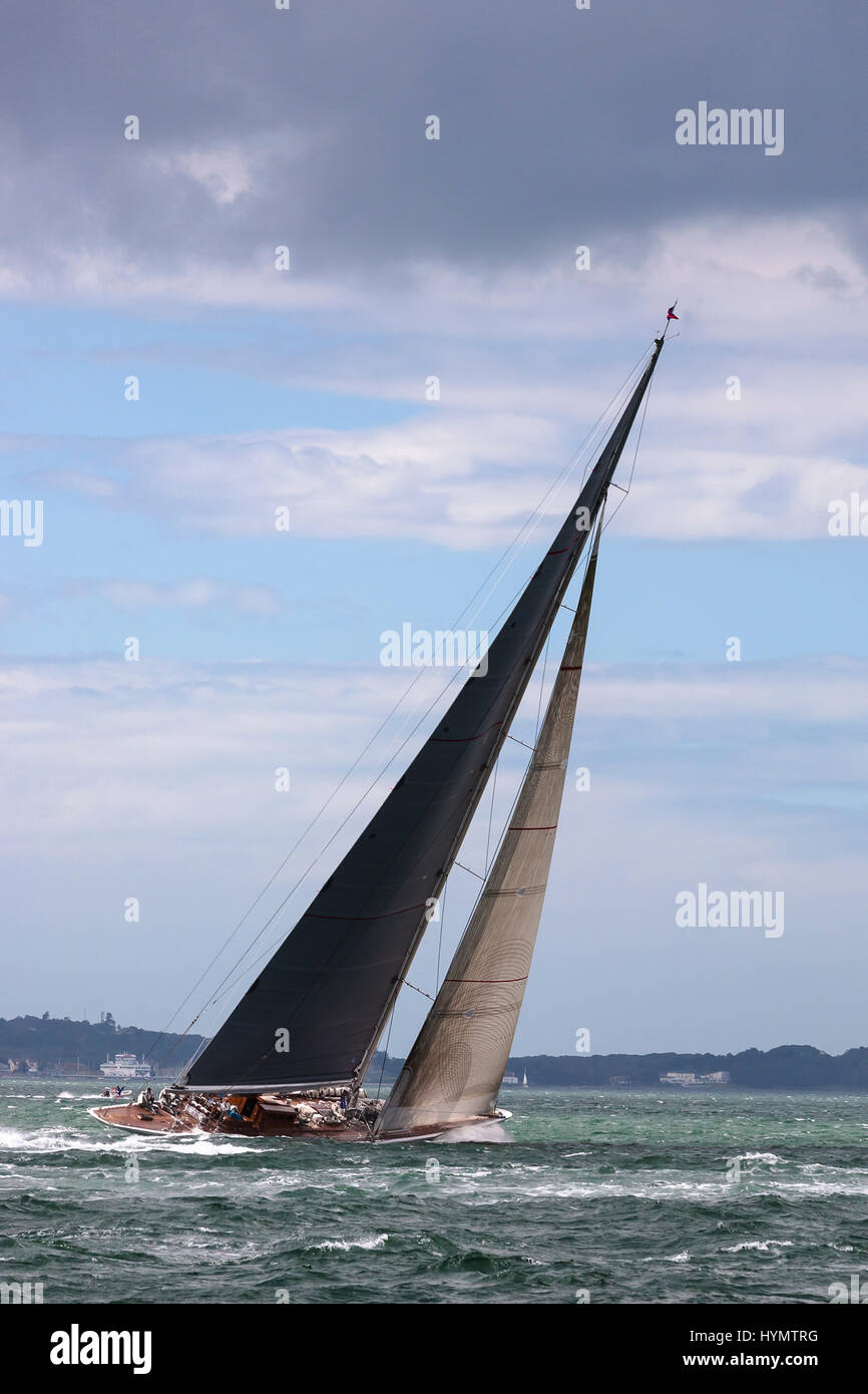 J-Class yacht "Ranger" (J5) beating to windward in a stiff breeze just ...