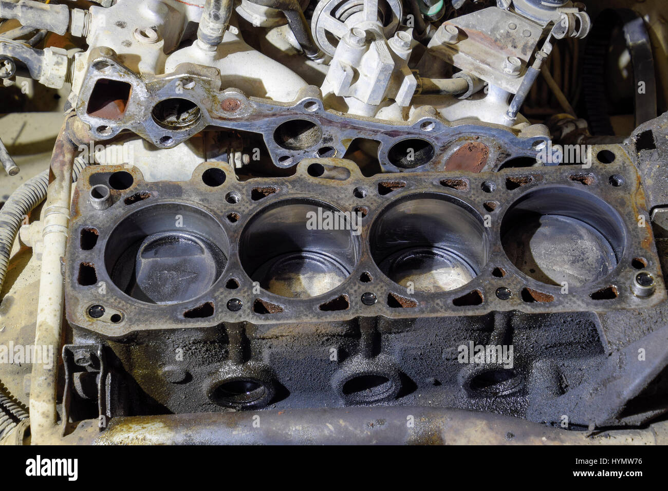 The cylinder block of the four-cylinder engine. Disassembled motor ...